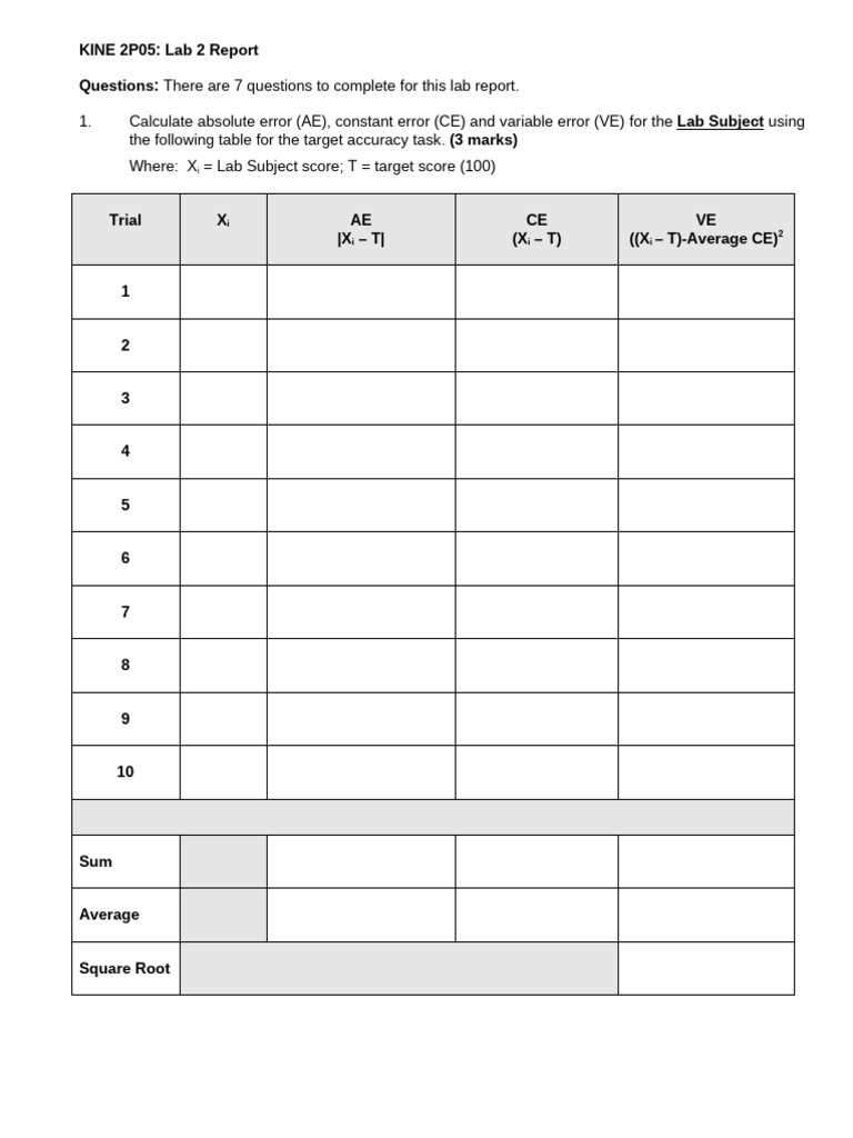 KINE 2P05 Lab 2 Outline | PDF | Accuracy And Precision
