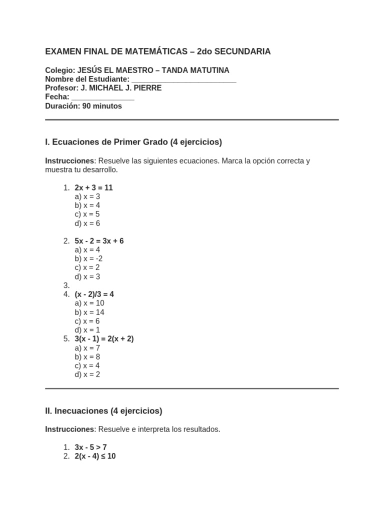 EXAMEN FINAL DE MATEMÁTICAS 2do | PDF | Matemáticas | Conceptos matemáticos