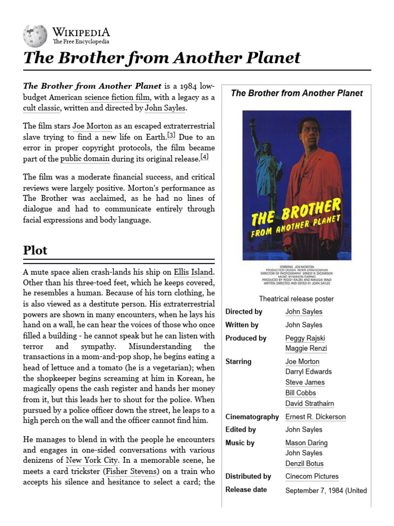The Brother From Another Planet - Wikipedia | PDF