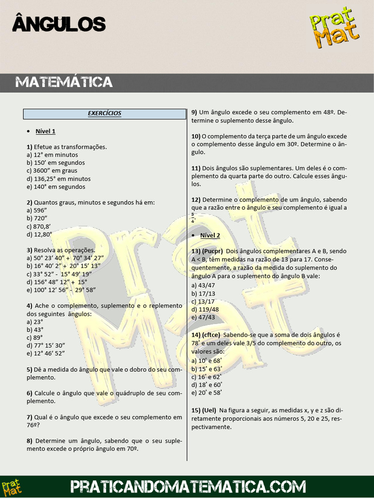 Lista de ExercÃ_cios de Ã_ngulos | PDF