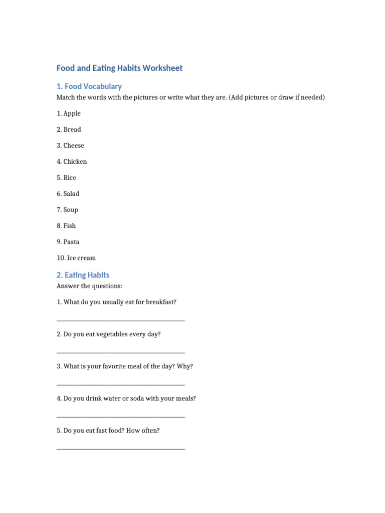 Food and Eating Habits Worksheet | PDF