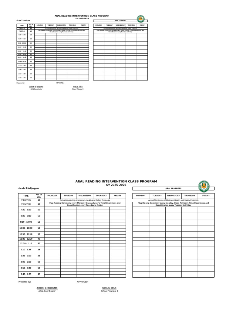 ARAL Reading Class Schedule 2025-2026 | PDF