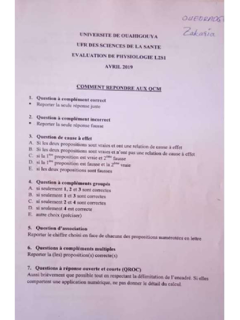 Devoir n1 de Physio1 - 2018-2019 | PDF