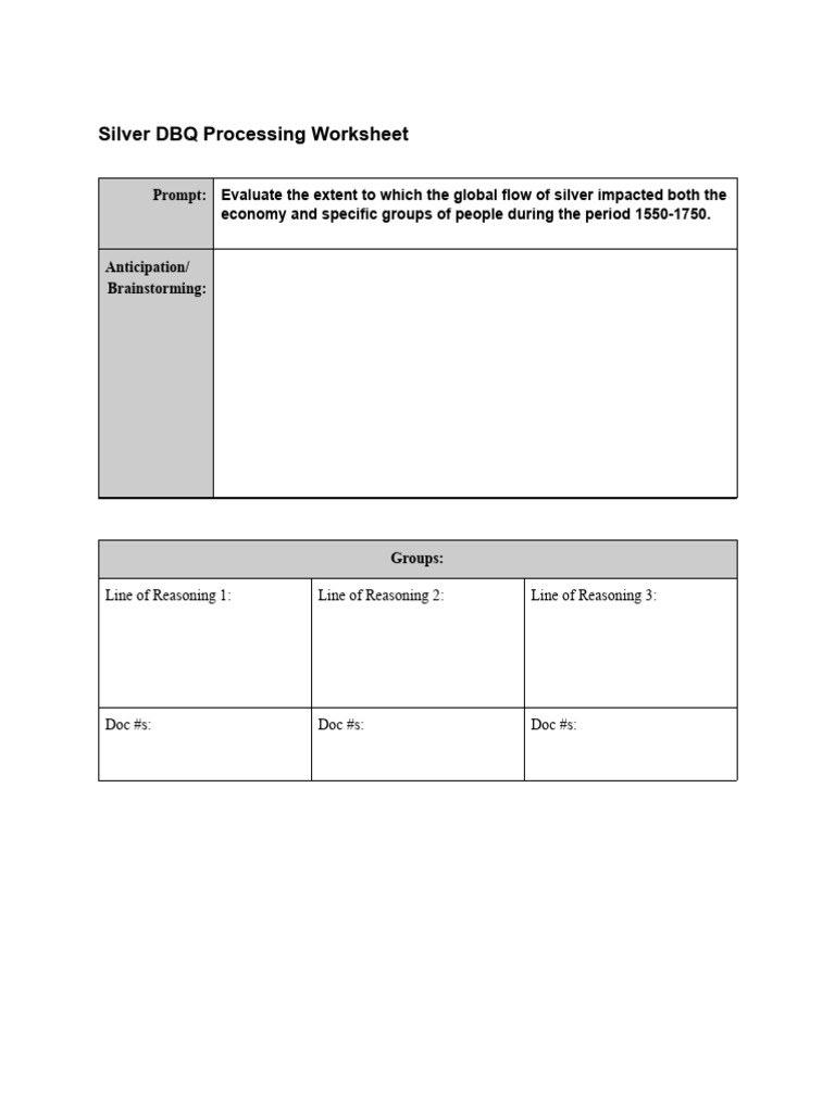Fraid Copy of DBQ Processing Worksheet - Silver DBQ | PDF