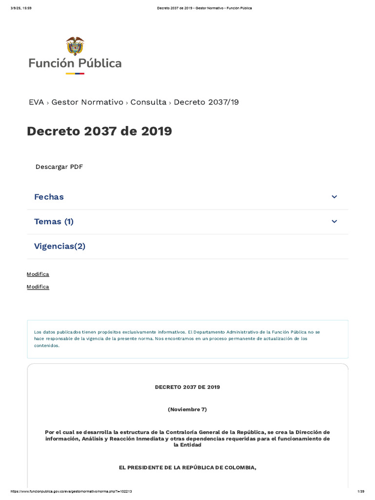 Decreto 2037 de 2019 Estructura de La CGR | PDF | La seguridad ...