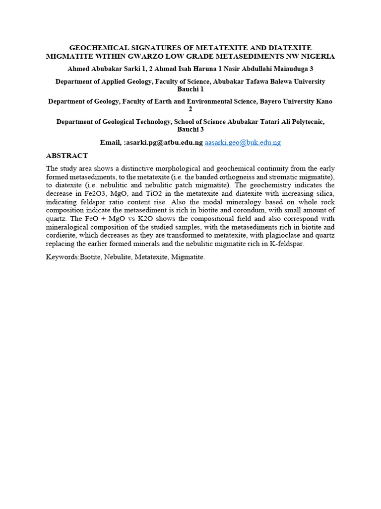 Geochemical Signatures of Metatexite and Diatexite Migmatite Within ...