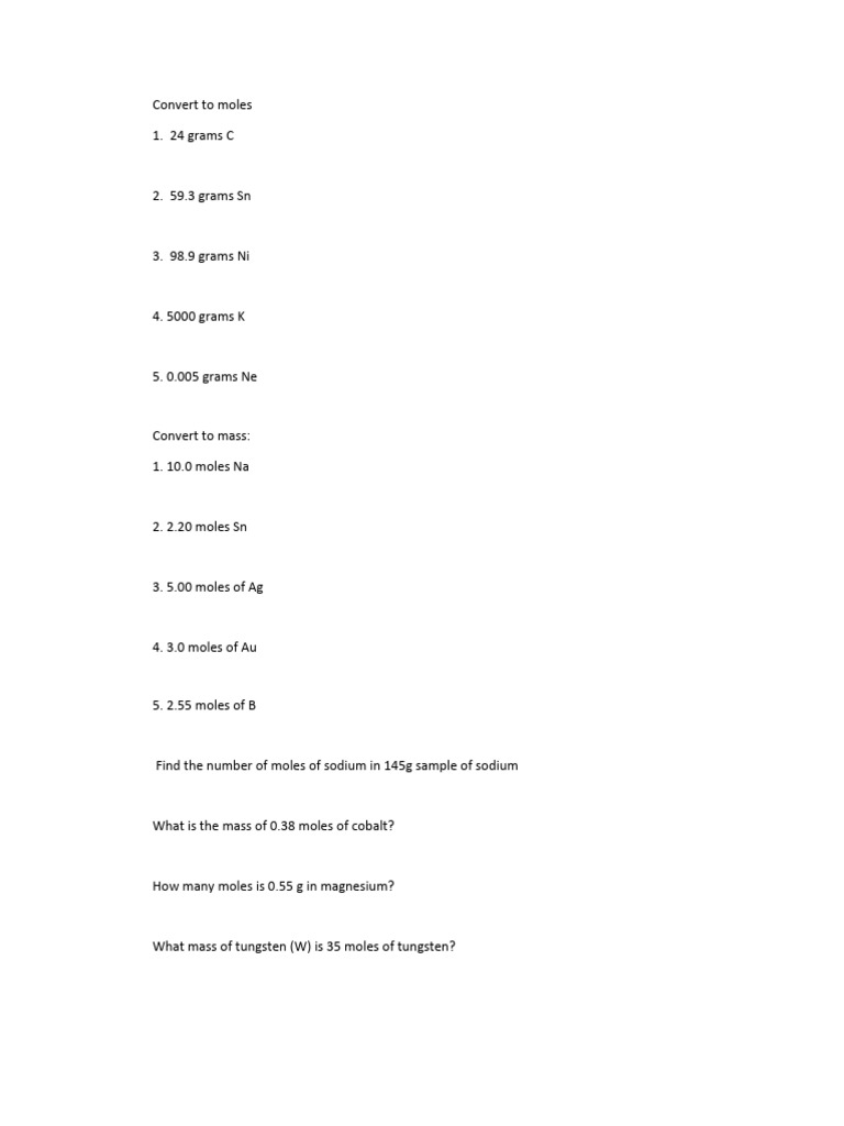 Sheet of Mass, Moles, Molar Mass - 2 | PDF