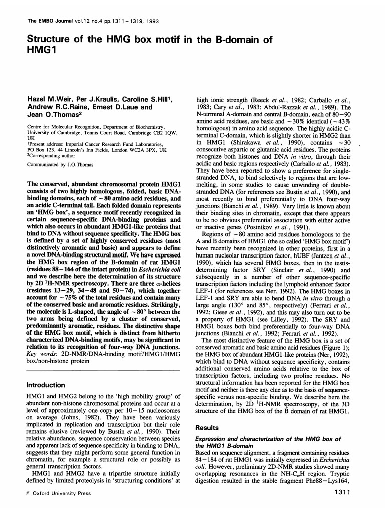 Weir Et Al 1993 Structure of The HMG Box Motif in The B Domain of Hmg1 ...