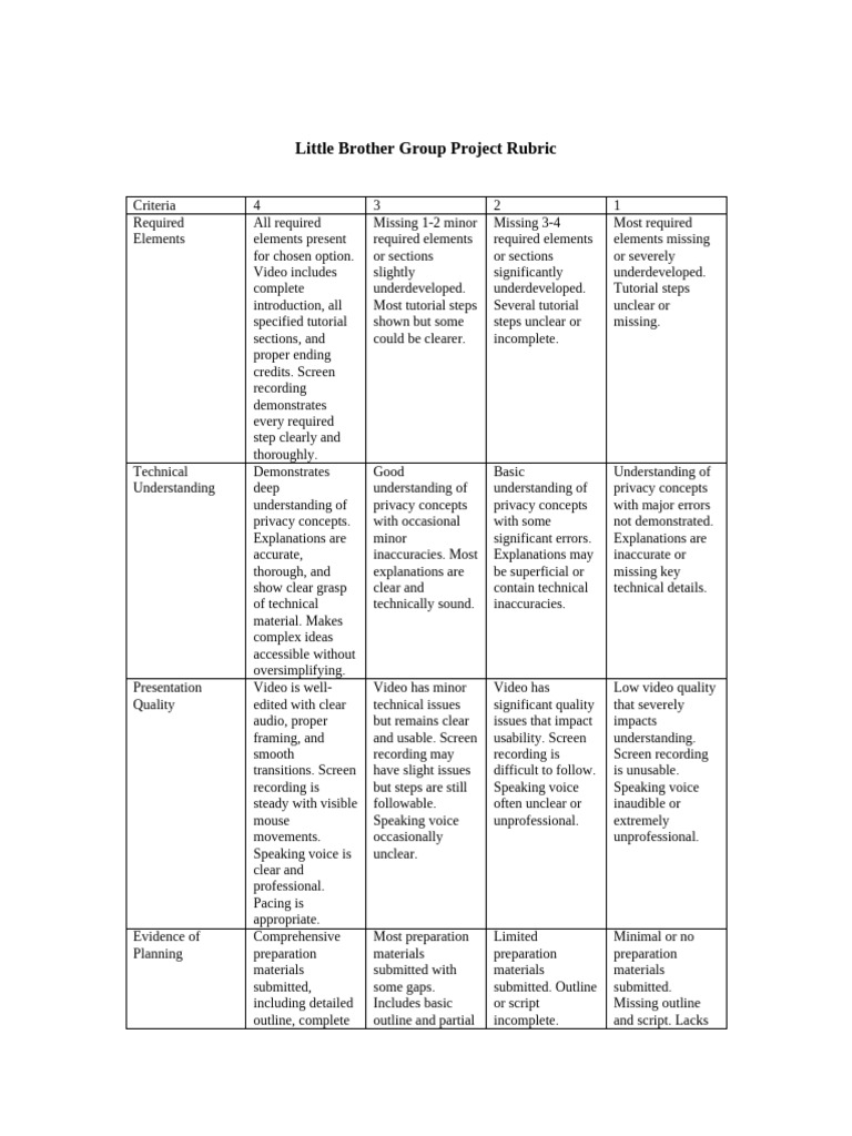 Little Brother Project Evaluation Rubric | PDF