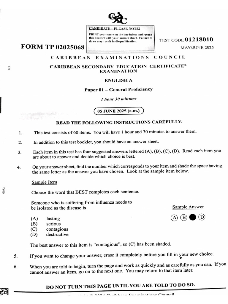 CSEC English A June 2025 Paper 1 | PDF