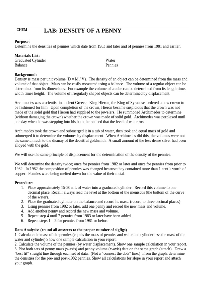 Penny Density Measurement Lab | PDF | Volume | Density