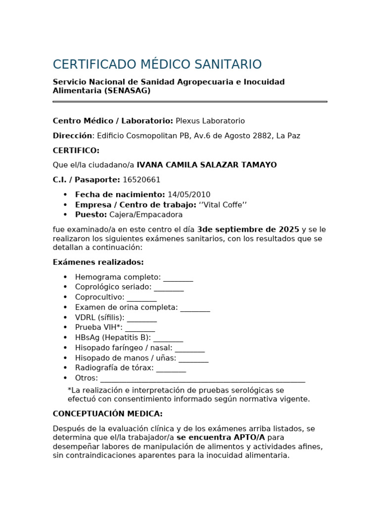 Certificado Médico Plexus La Paz | PDF