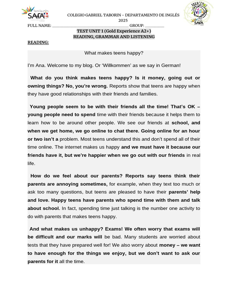 Reading U1 (GE A2+) - Gonzalo Moyano (Read, List, GR) | PDF