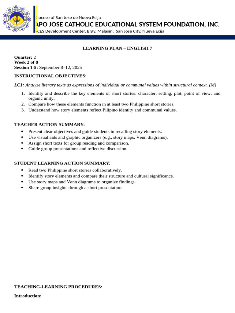 ACES-2Q-LEARNING PLAN-WEEK 2-ENGLISH 7 (Checked) | PDF