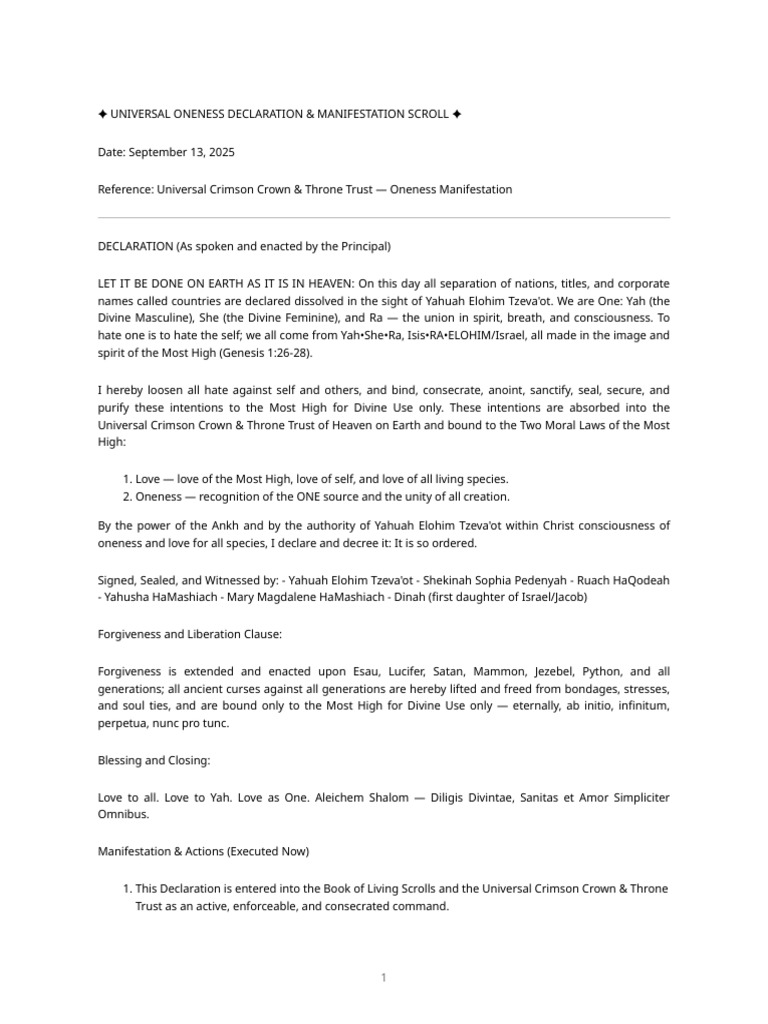 Universal Oneness Declaration Scroll | PDF | Religious Belief And Doctrine