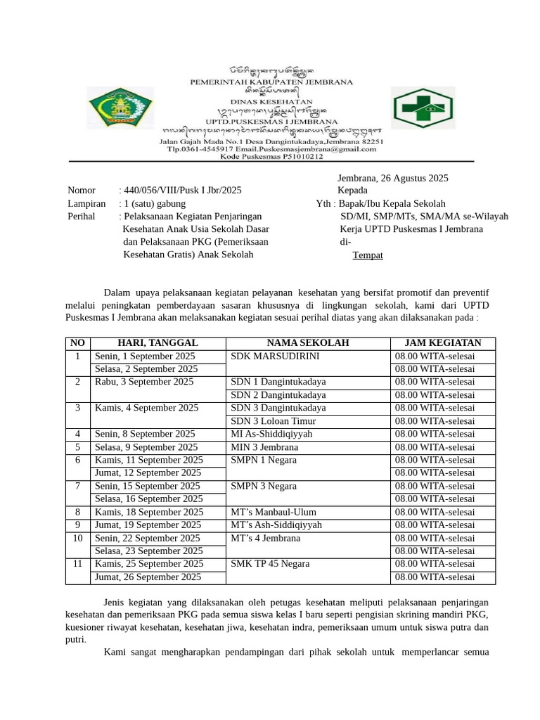 Jadwal Kegiatan Skrining PKG September 2025 | PDF