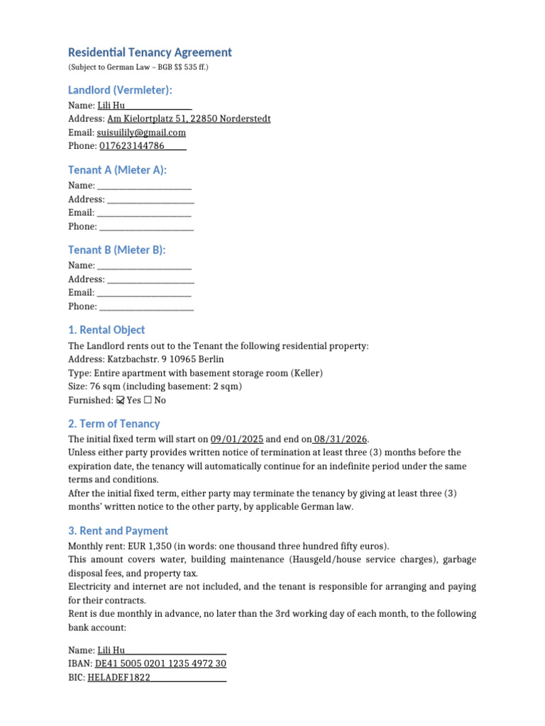 Germany Rental Agreement With Basement | PDF | Leasehold Estate | Lease