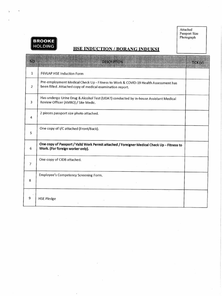 HSE Induction Form | PDF