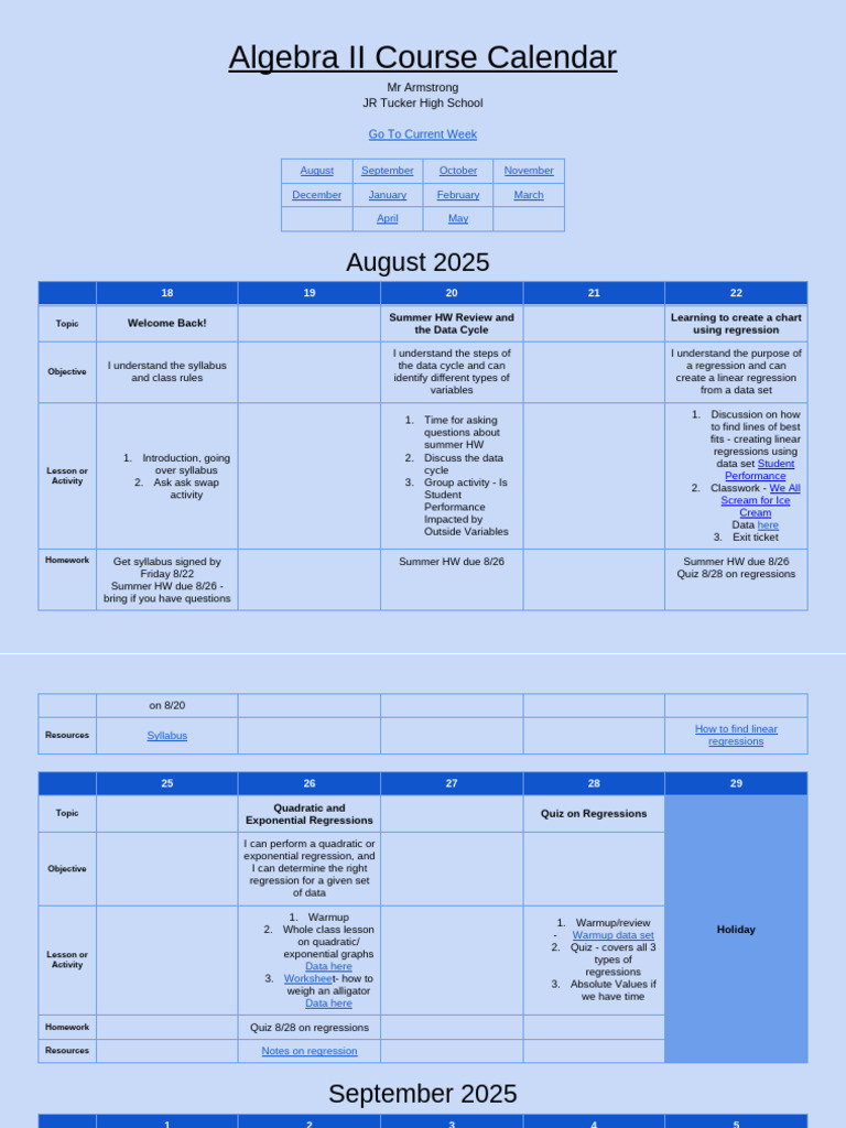 Algebra II Course Calendar 2025-2026 | PDF | Regression Analysis | Algebra