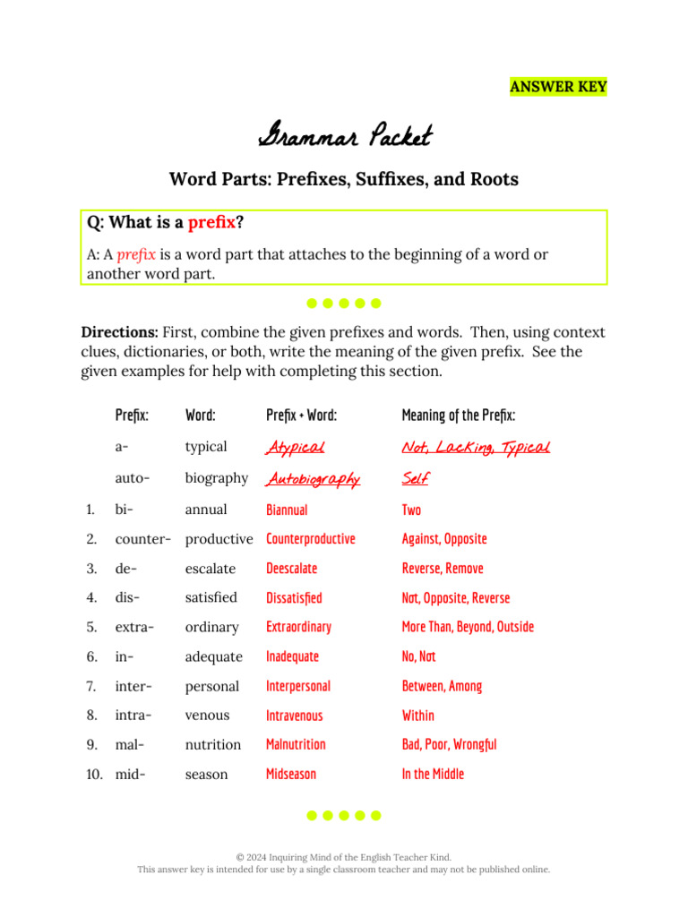 Key - Grammar Practice - Word Parts | PDF | Word | Linguistic Typology