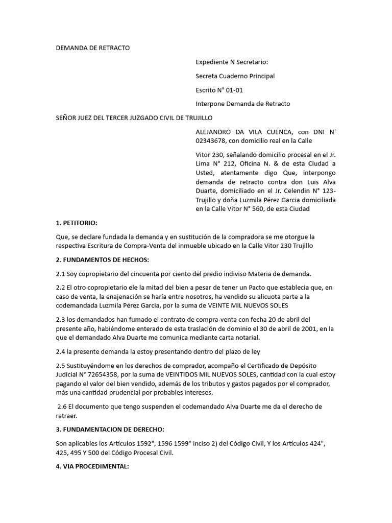 Demanda de Retracto en Trujillo | PDF | Ley constitucional | Esfera pública