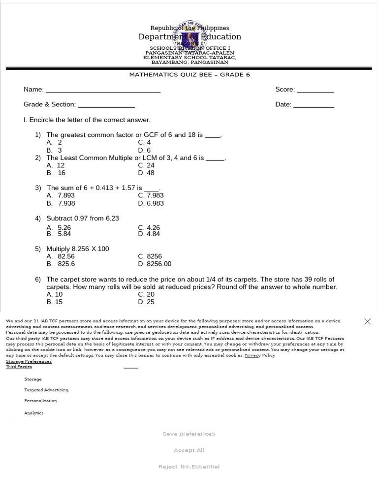 Grade 6 Mathematics Quiz Bee | PDF | Http Cookie