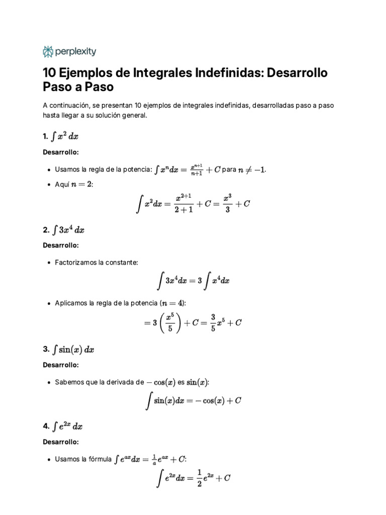 10 Ejemplos de Integrales Indefinidas - Desarrollo | PDF