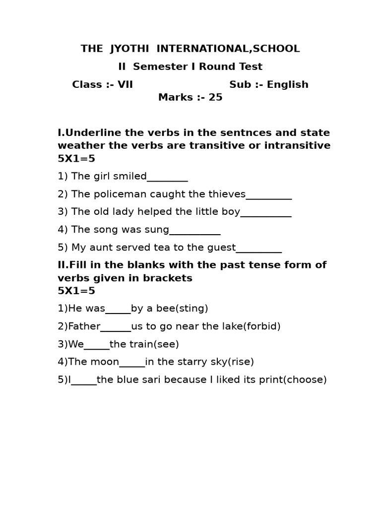 Class VII English Test: Verbs & Tenses | PDF