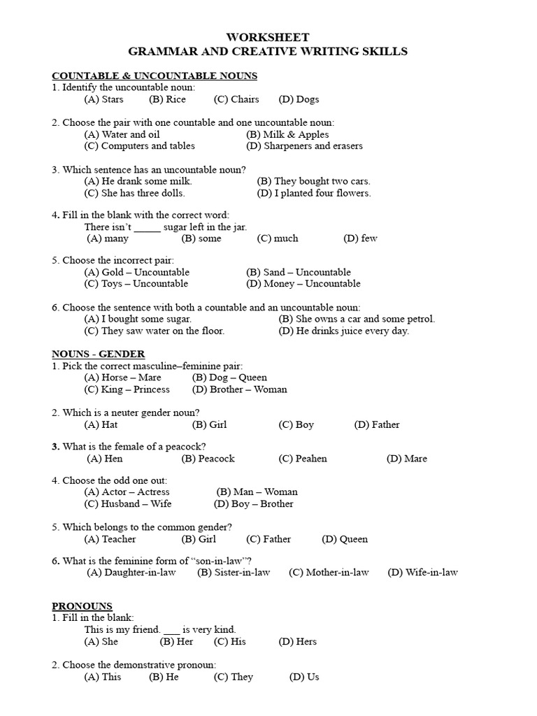 Grammar and Creative Writing Worksheet | PDF | Grammatical Gender | Noun