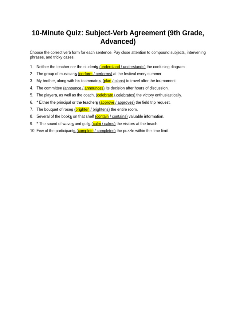 10-Minute Quiz on Subject-Verb Agreement | PDF