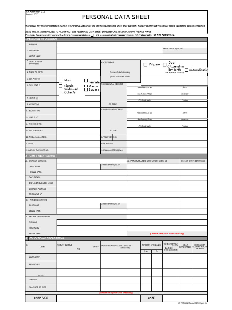 CS Form No. 212 Revised 2025 Personal Data Sheet | PDF | Government And ...