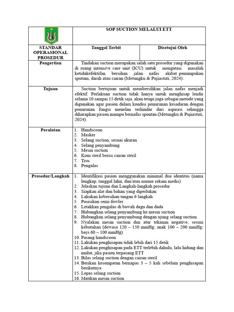 SOP Suction ETT di ICU: Prosedur dan Alat | PDF