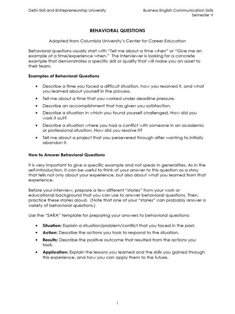 7b Behavioral Qs and Sara Template | PDF | Internship | Job Hunting