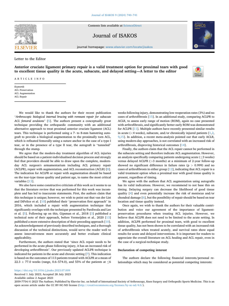 Anterior Cruciate Ligament Primary Repair Is A Val | PDF | Joints ...