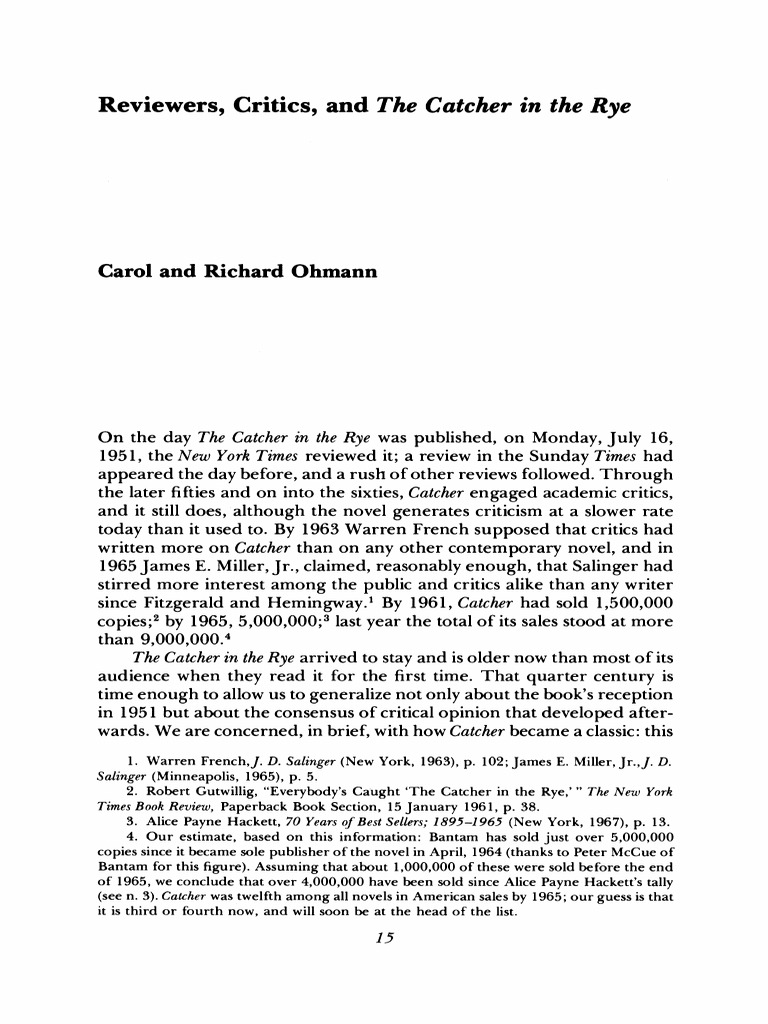 The Catcher in the Rye: Critical Reception | PDF | J. D. Salinger