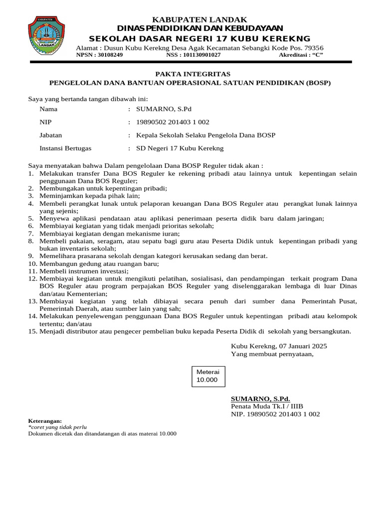 Pakta Integritas Pengelolaan Dana BOSP | PDF