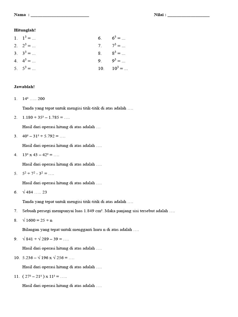 Soal Pangkat 2, Pangkat 3, Akar Pangkat 2 Dan 3 - Alvaro | PDF