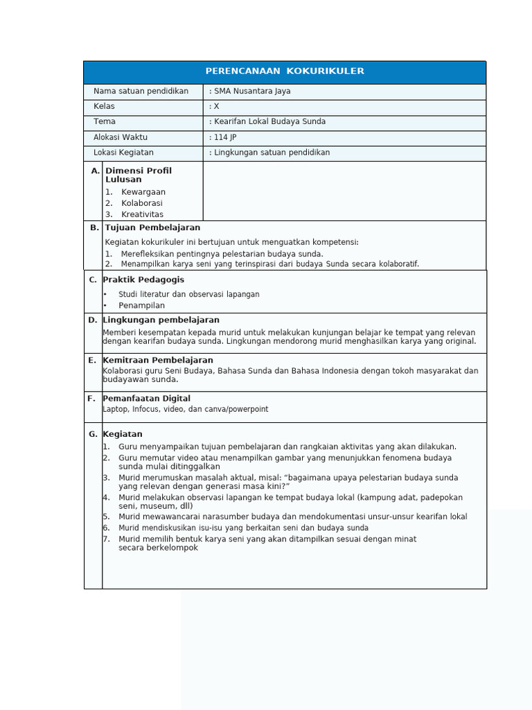 Contoh 5 Perencanaan Kokurikuler Dalam Bentuk Cara Lainnya SMA | PDF