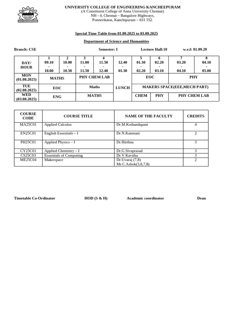 Special Timetable | PDF | Engineering | Physical Sciences