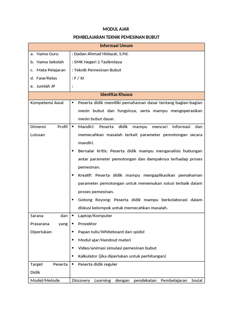 Modul Pembelajaran Teknik Pemesinan Bubut | PDF