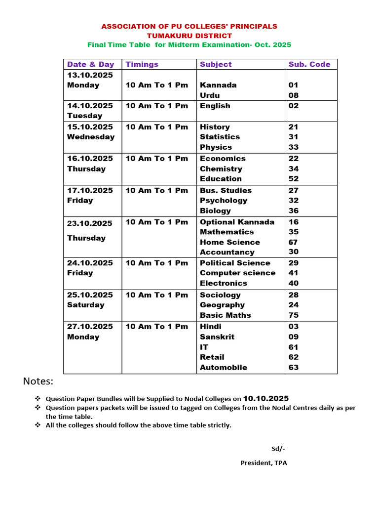 Final Midterm Exam Time Table | PDF | Science