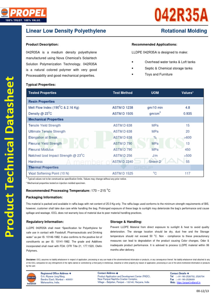 LLDPE 042R35A Technical Datasheet | PDF | Strength Of Materials ...