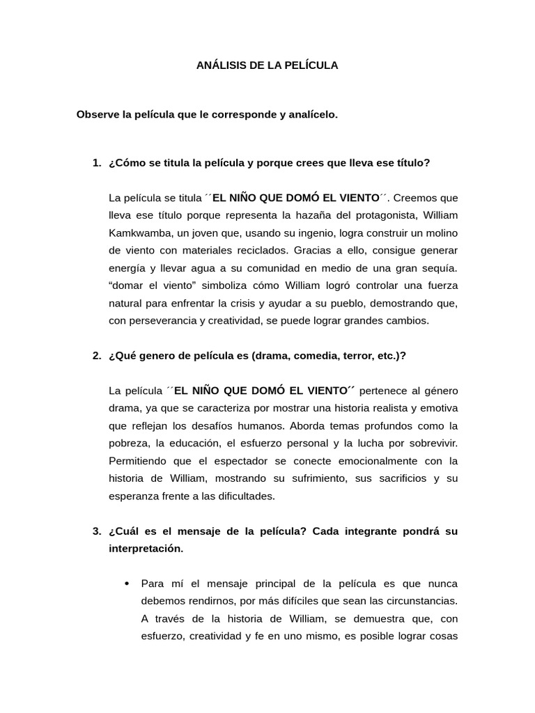 Analisis de La Pelicula (El Niño Que Domo Al Viento) | PDF