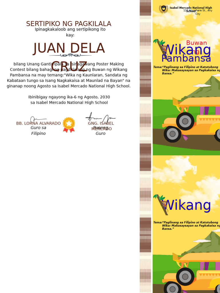 Buwan NG Wika Sertipiko NG Pagkilala Education Certificate in Brown ...
