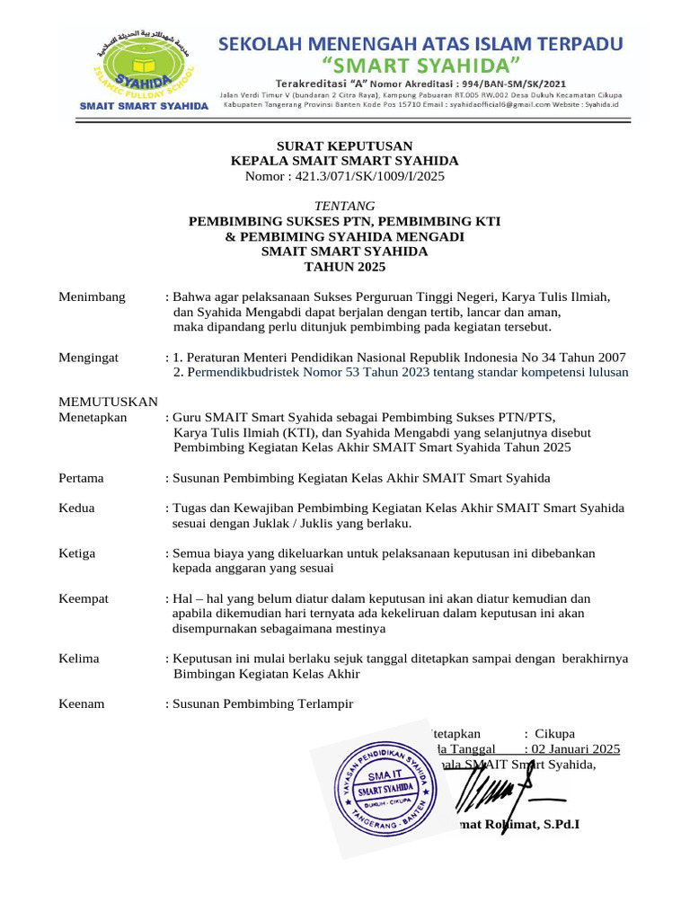 SK Bimbel, KTI & Syahida Mengabdi 2025 | PDF