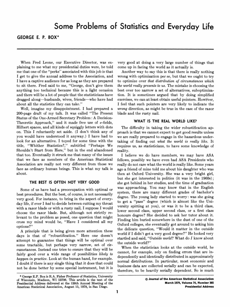 Some Problems of Statistics and Everyday Life: George E. P. Box ...