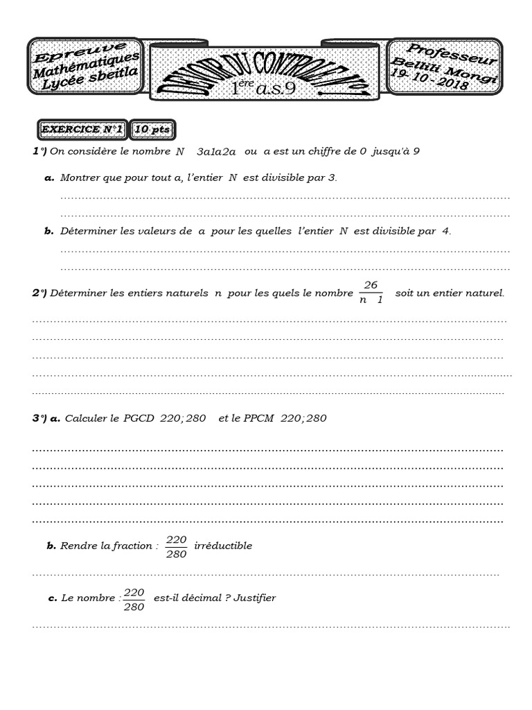 Devoire de Contr Le N 1- Math Matique - 1 .a .S 2019 - Bellili Mongi -Lyc e Sbeitla | PDF
