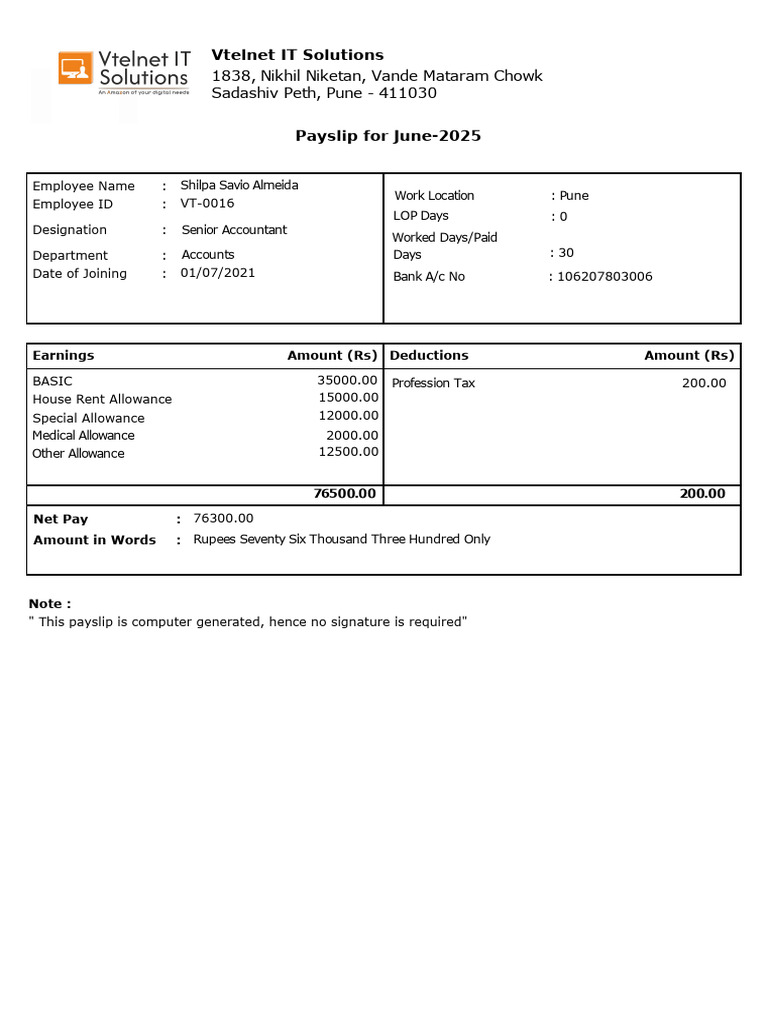 June 2025 Payslip for Senior Accountant | PDF