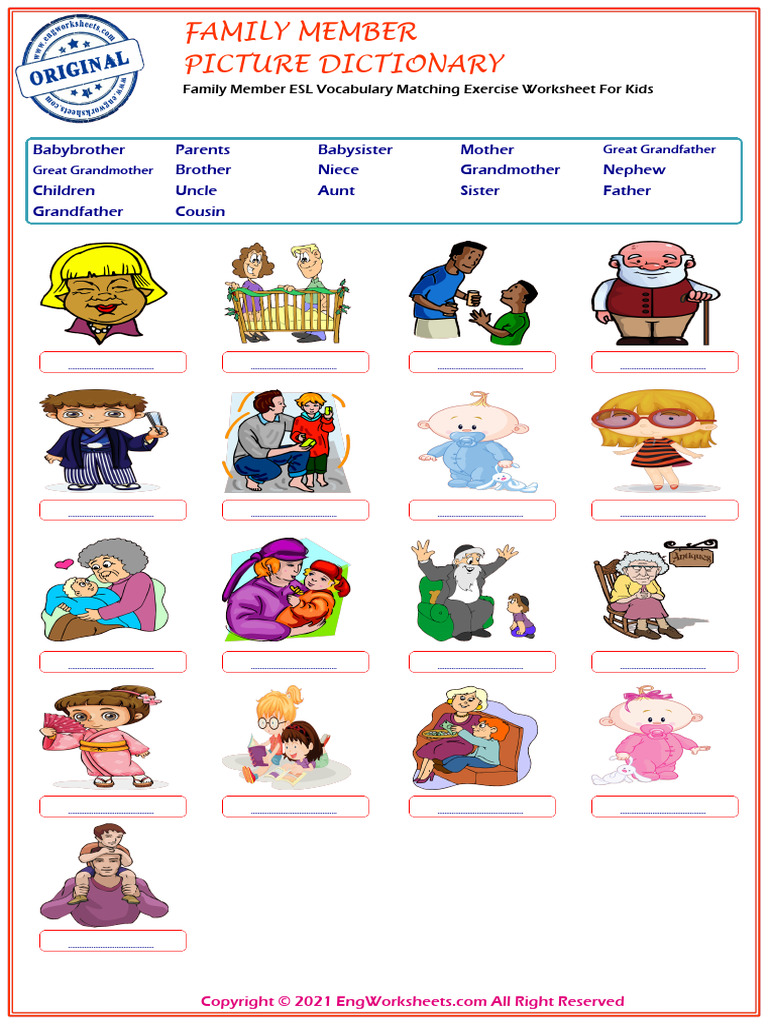 1 Family Member Esl Vocabulary Matching Exercise Worksheet For Kids ...