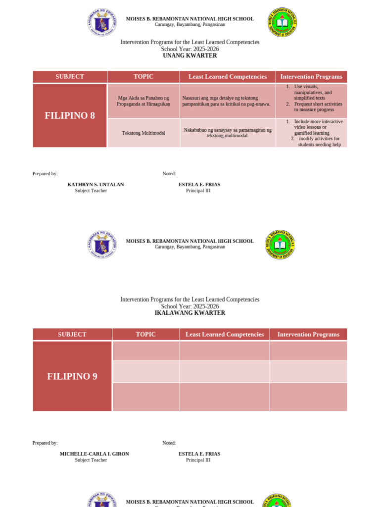 Intervention Programs for Filipino Competencies | PDF
